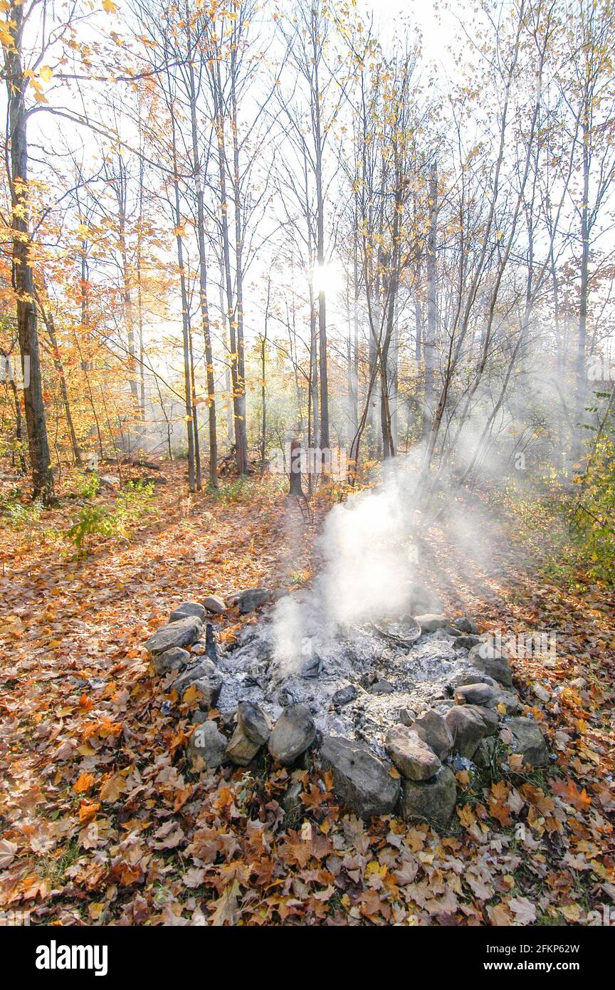 Smoke floating through the trees in the fall in the Adirondacks Stock ...