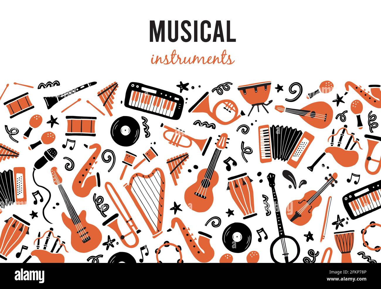 Hand drawn banners template with musical instrument, guitar, saxophone ...