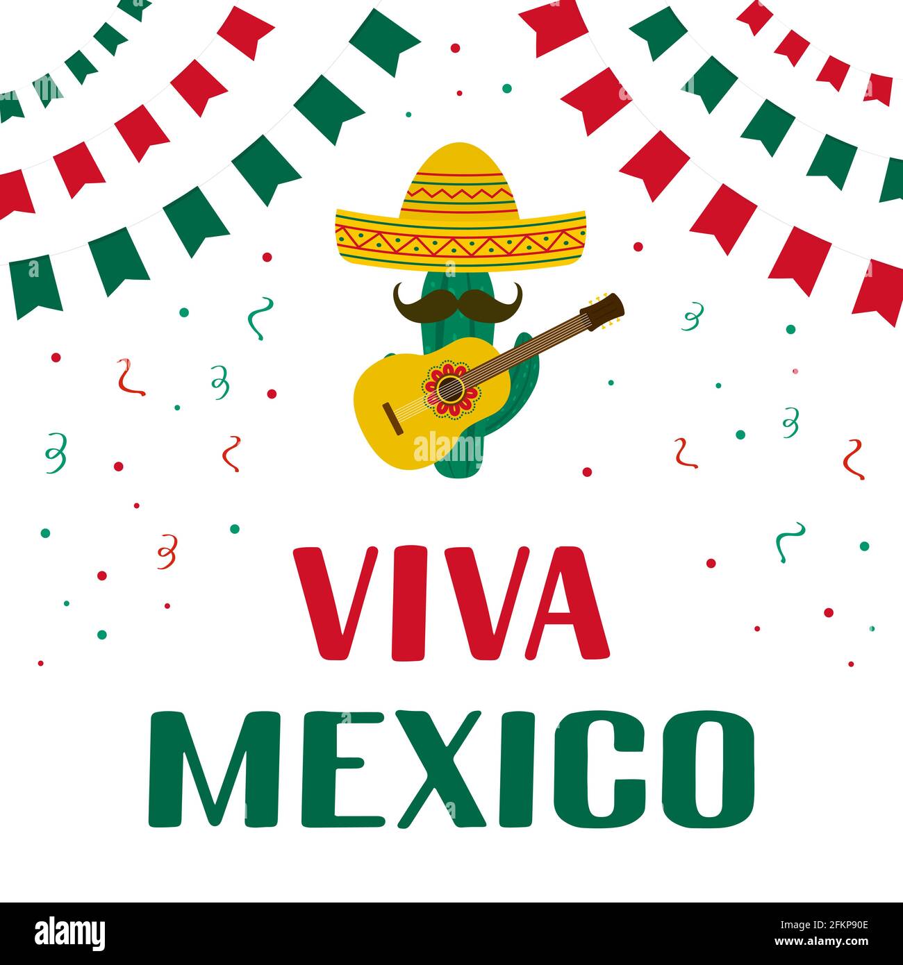 Viva Mexico lettering with sombrero, cactus and guitar isolated on ...