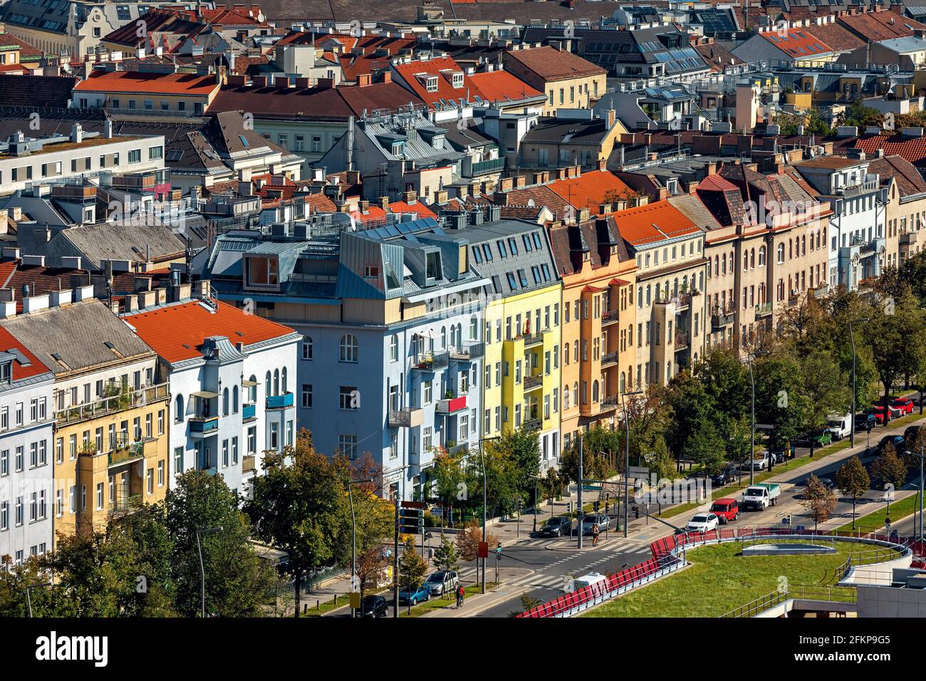 Aerial view of colorful residential buildings and urban road in Vienna ...