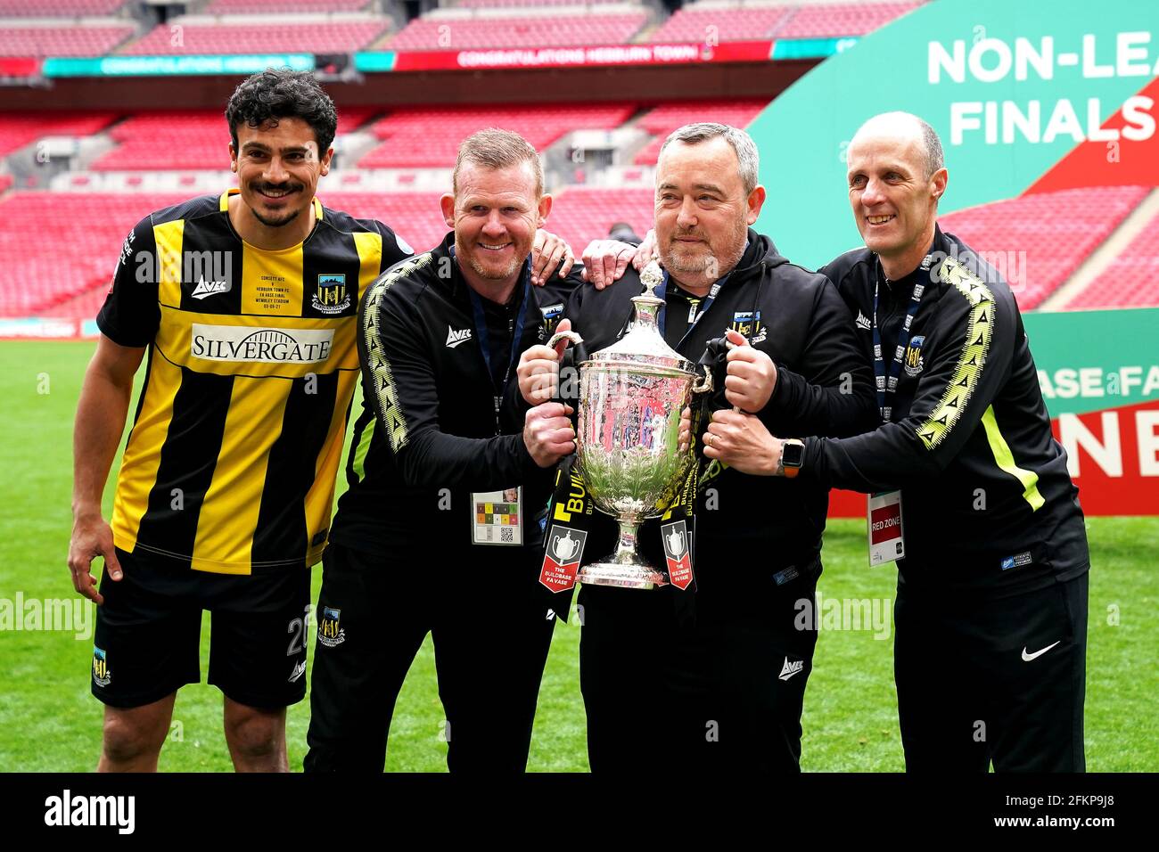 Hebburn Town manager Kevin Bolam (second right) celebrates with Angelos ...
