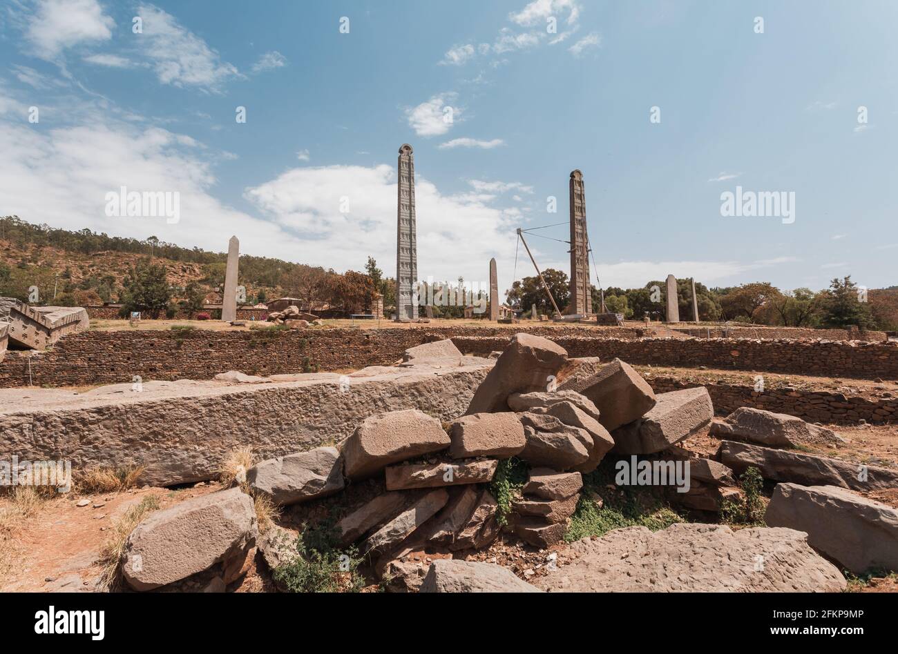 Aksumite civilization ruins, Ancient monolith stone obelisks behind ...