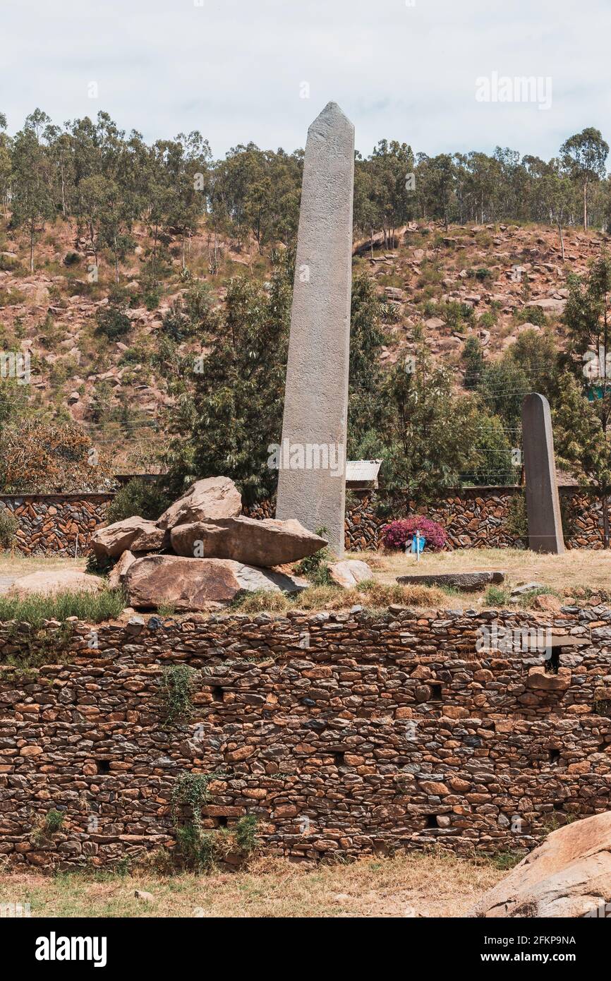 Aksumite civilization ruins, Ancient monolith stone obelisks behind ...