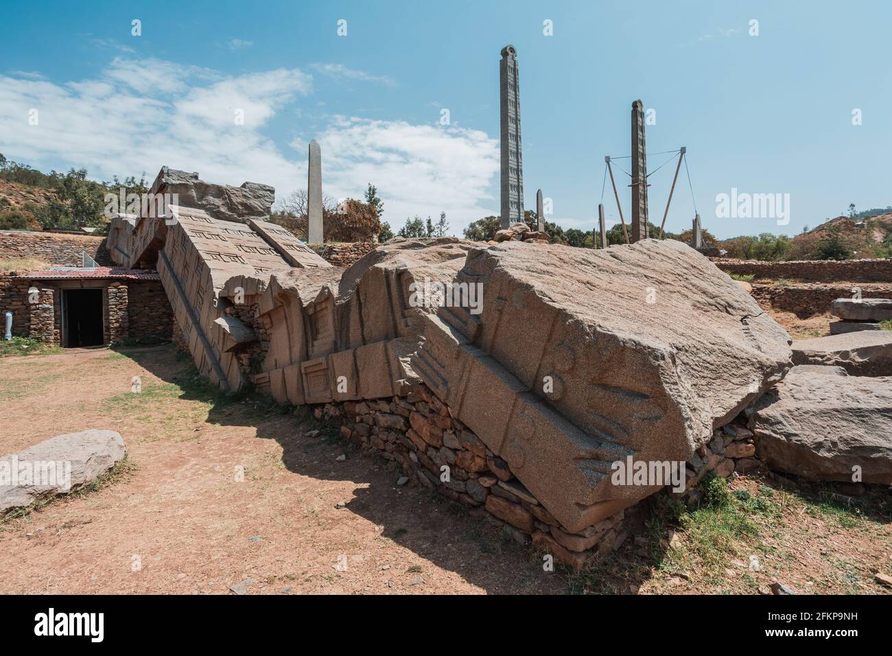Aksumite civilization ruins, Ancient monolith stone obelisks behind ...