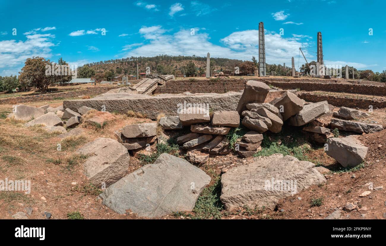 Aksumite civilization ruins, Ancient monolith stone obelisks behind ...