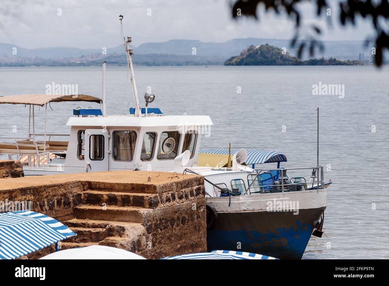 boat harbor for tourist on Zeghe Peninsula in Lake Tana. near bahir Dar ...