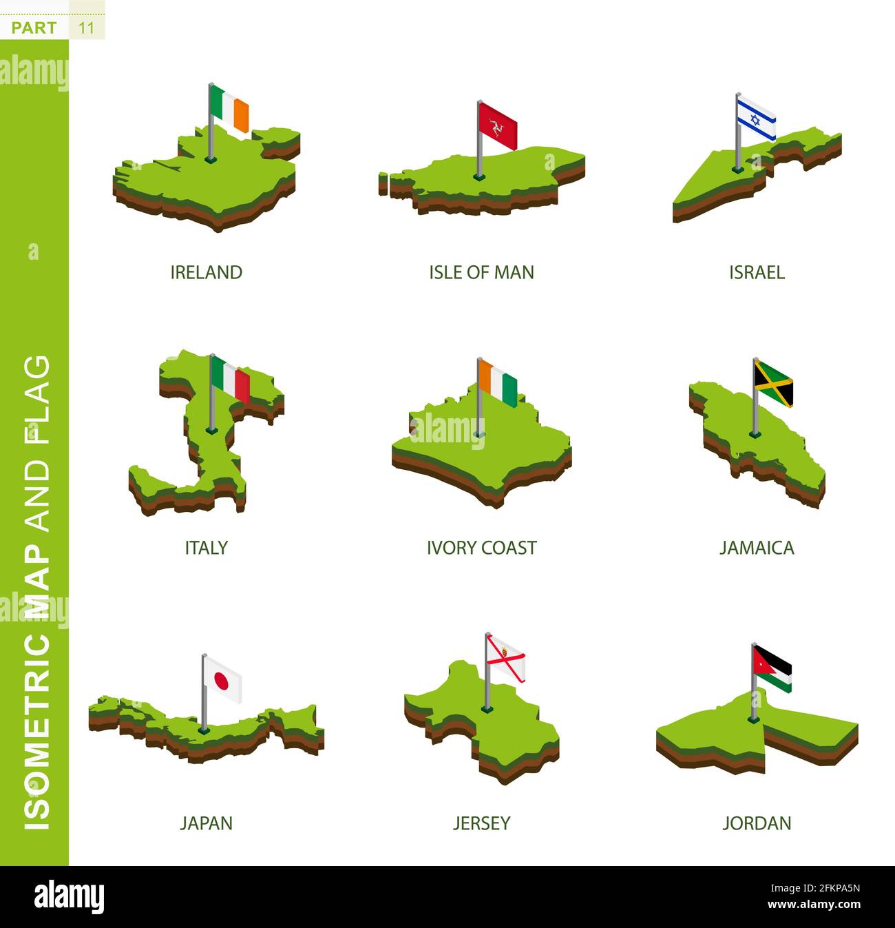 Set of 9 isometric map and flag, 3D vector isometric shape of Ireland ...