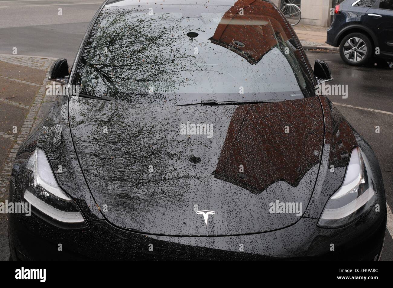 Copenhagen, Denmark. 03 May 2021,Tesla car on road in danish capital ...