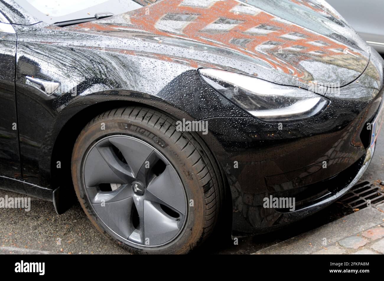 Copenhagen, Denmark. 03 May 2021,Tesla car on road in danish capital ...