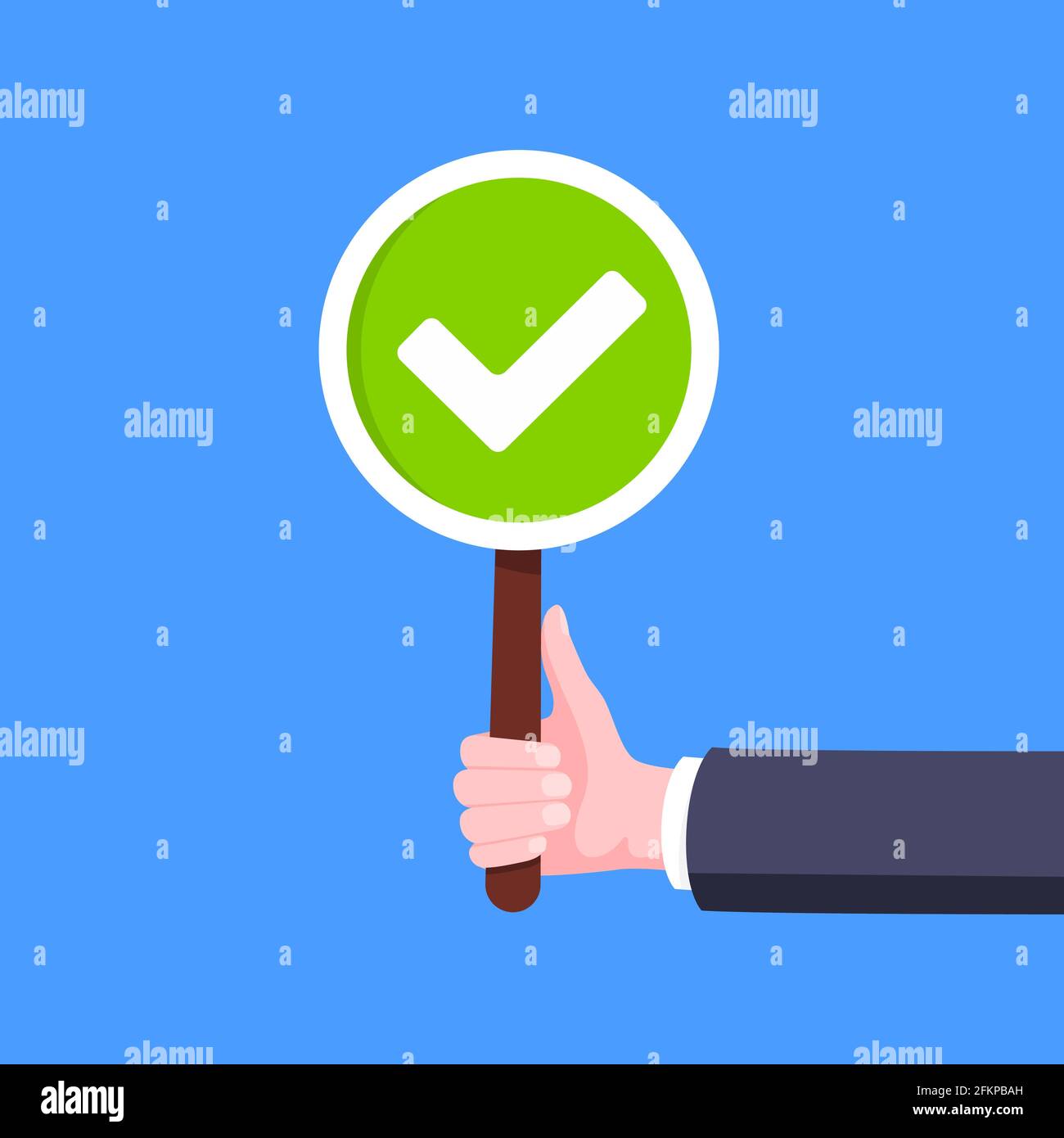 Hand hold check mark tick round banner plate business concept flat ...