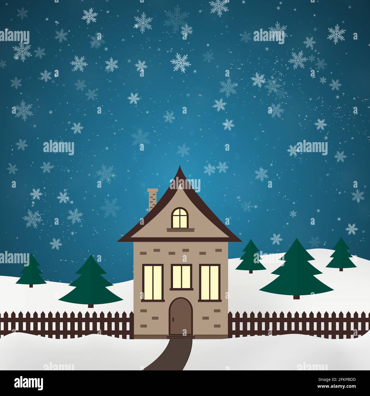 Little house in village. Winter snowy landscape. Night sky with ...