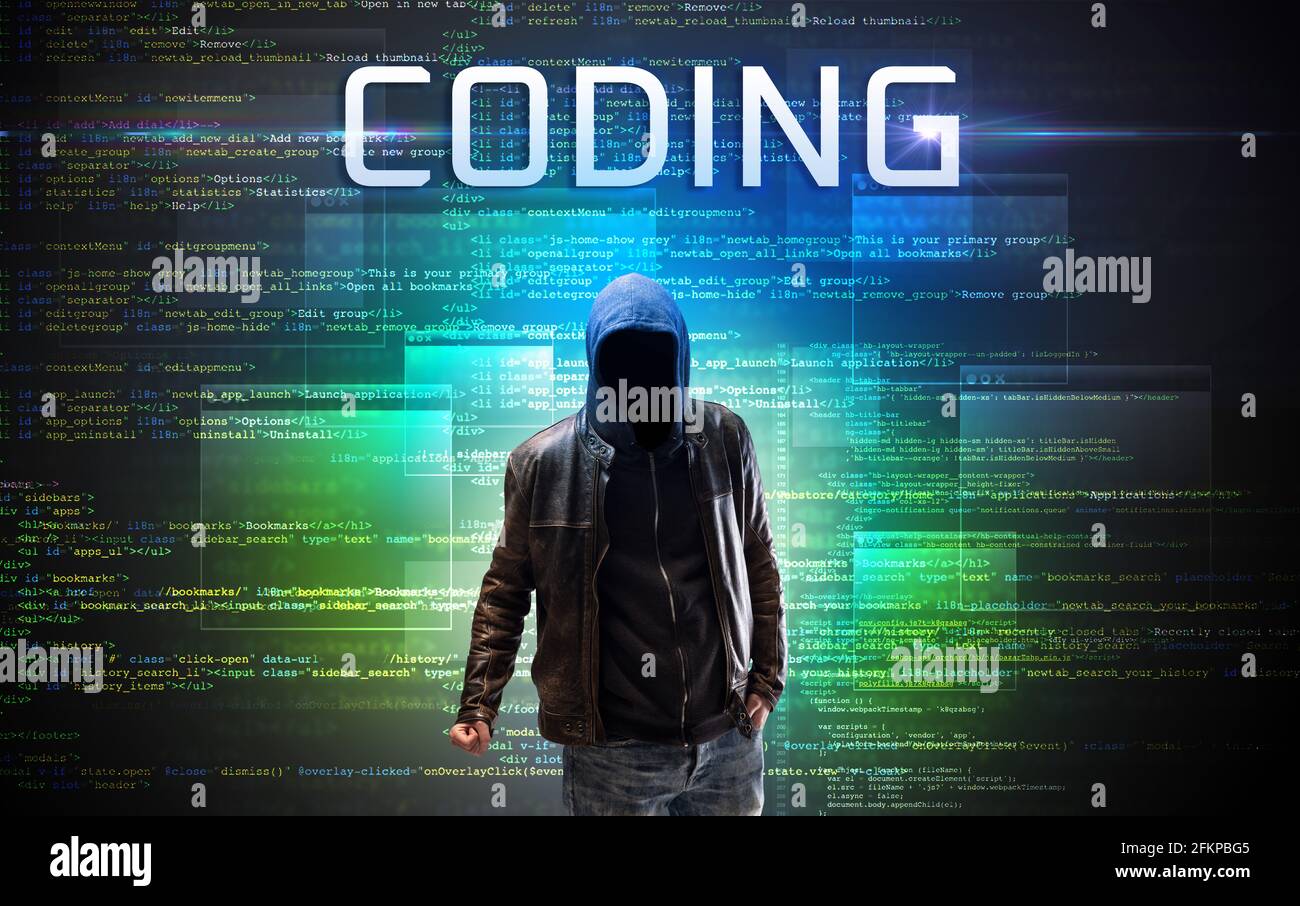 Faceless hacker on code background Stock Photo - Alamy