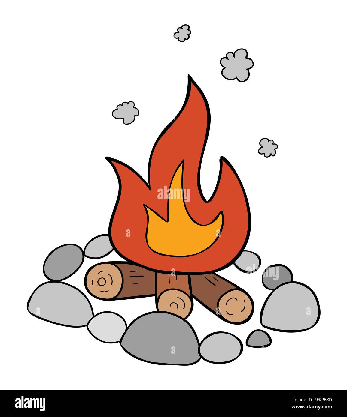 Cartoon vector illustration of campfire, stones, firewood and burning ...