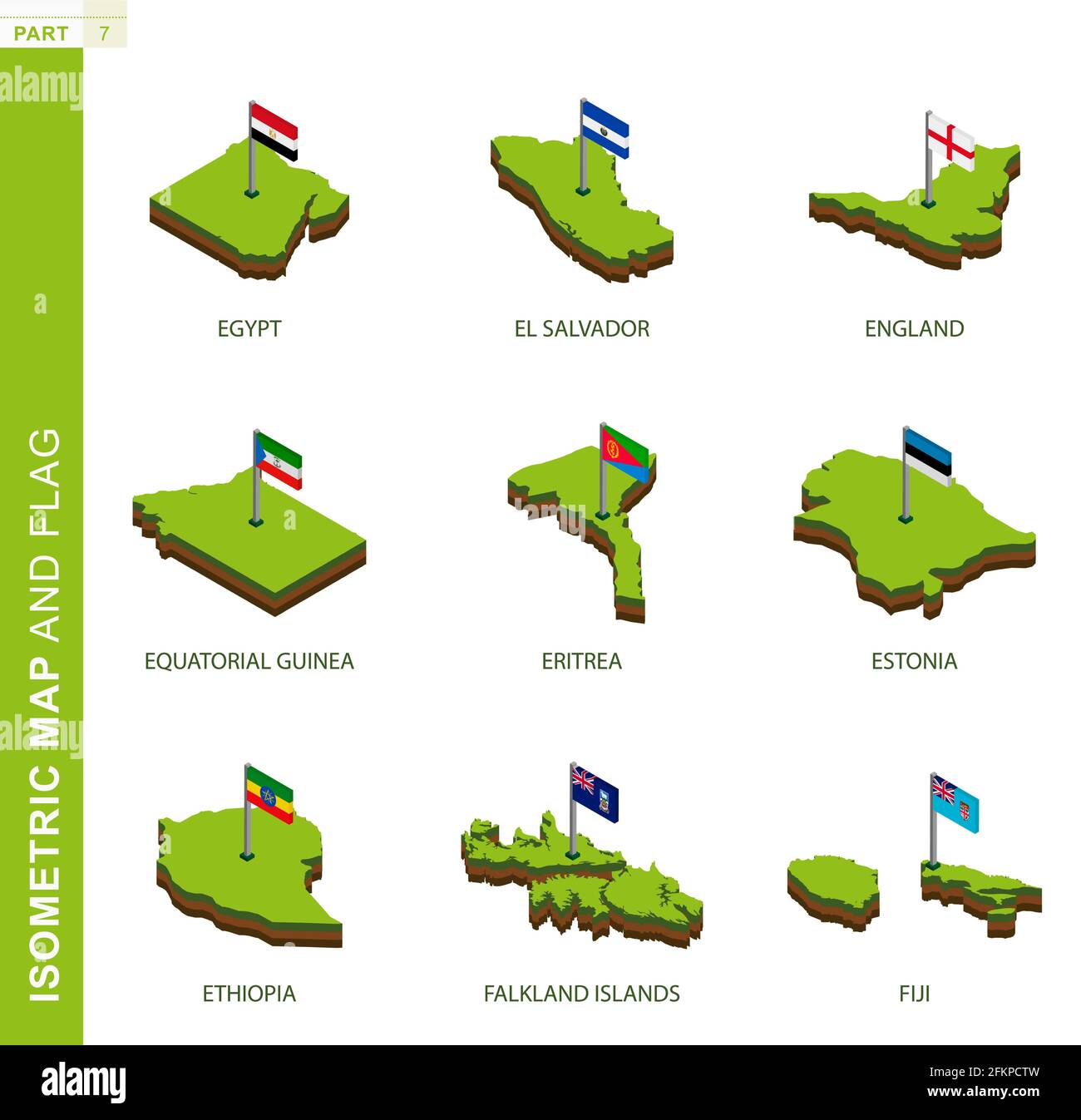 Set of 9 isometric map and flag, 3D vector isometric shape of Egypt, El ...