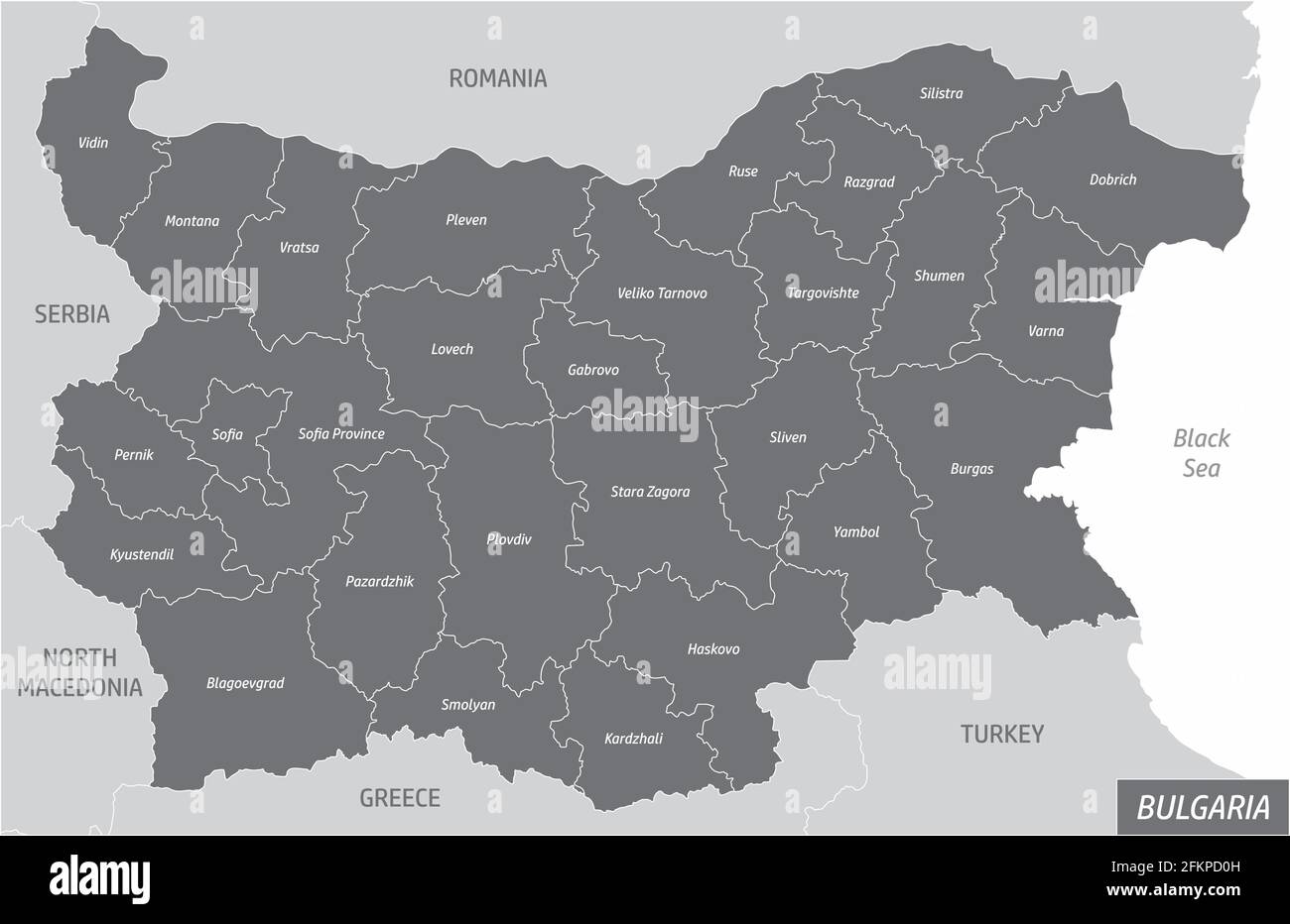 The map of Bulgaria divided in regions with labels Stock Vector Image ...