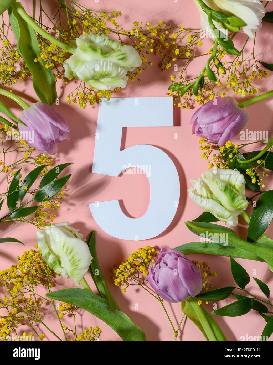 Number five on pink background with colorful flowers. Flat lay, top ...