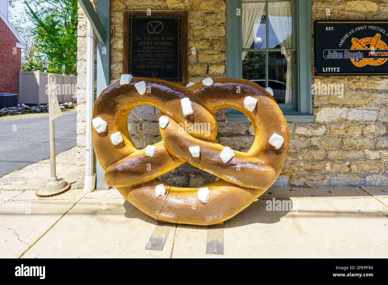Lititz, PA, USA - May 2, 2021: A large pretzel sign at the Julius ...