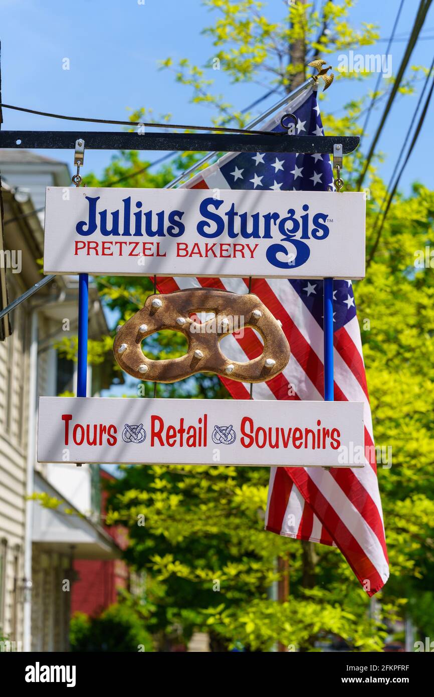 Lititz, PA, USA - May 2, 2021: A sign at the Julius Sturgis Pretzel ...