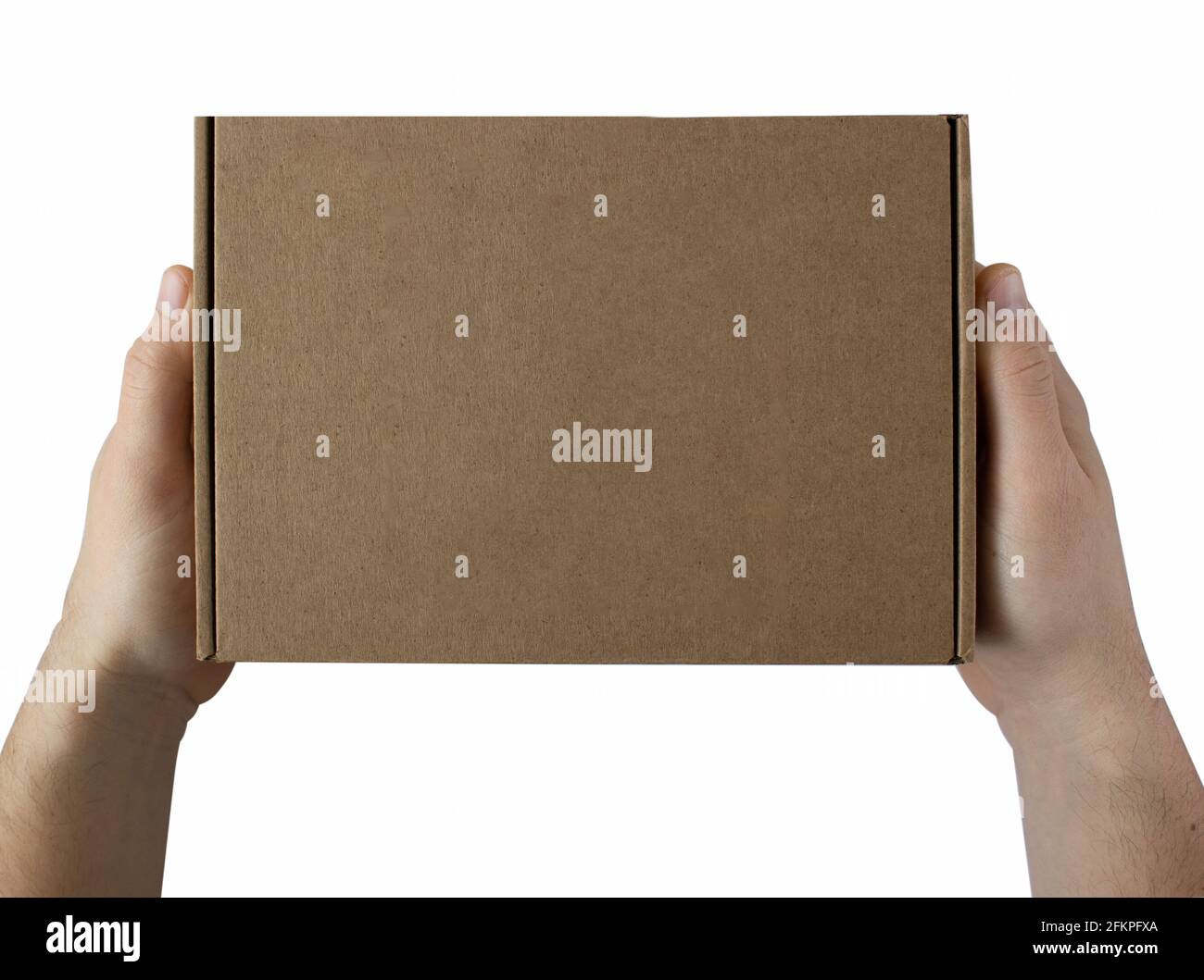 A parcel cardboard box in a men hands on a white background. Delivery ...