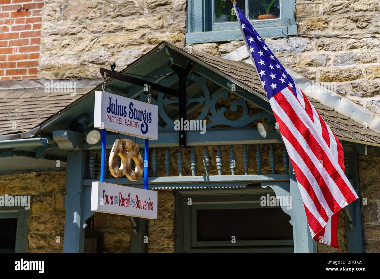 Lititz, PA, USA - May 2, 2021: A sign at the Julius Sturgis Pretzel ...