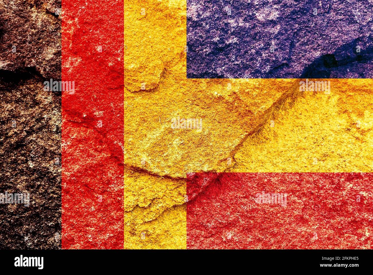 Germany and Romania flags on weathered rock wall, political alliance ...