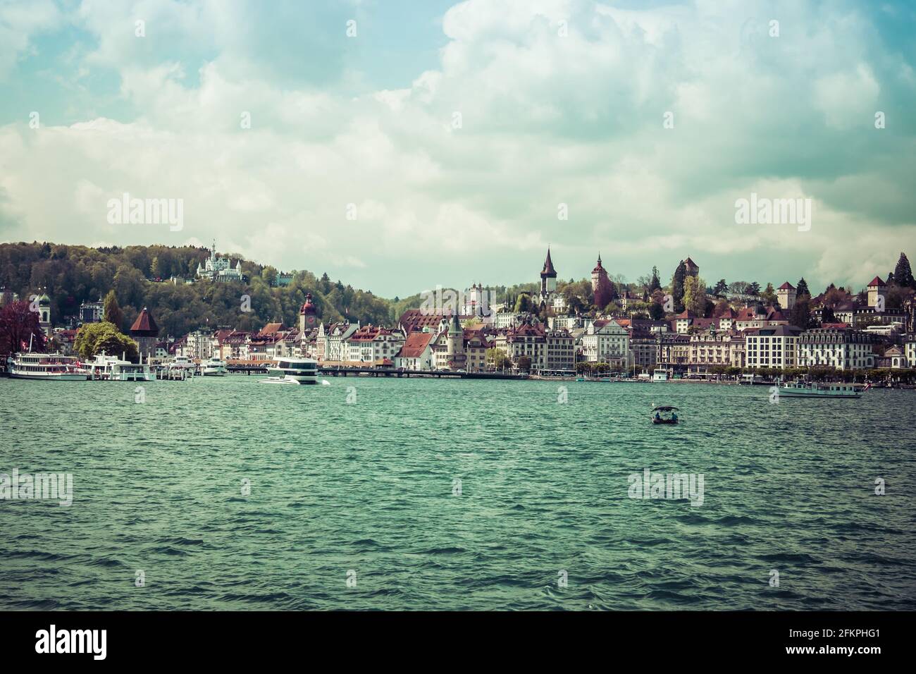 Landscape view of the lake and town of Luzern, shot in Luzern ...