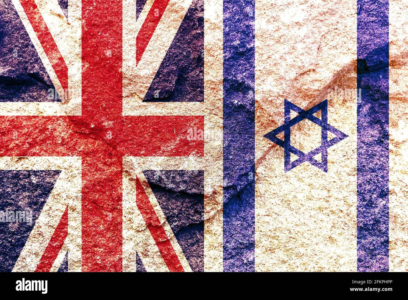UK and Israel flags on weathered rock wall, political alliance concept ...