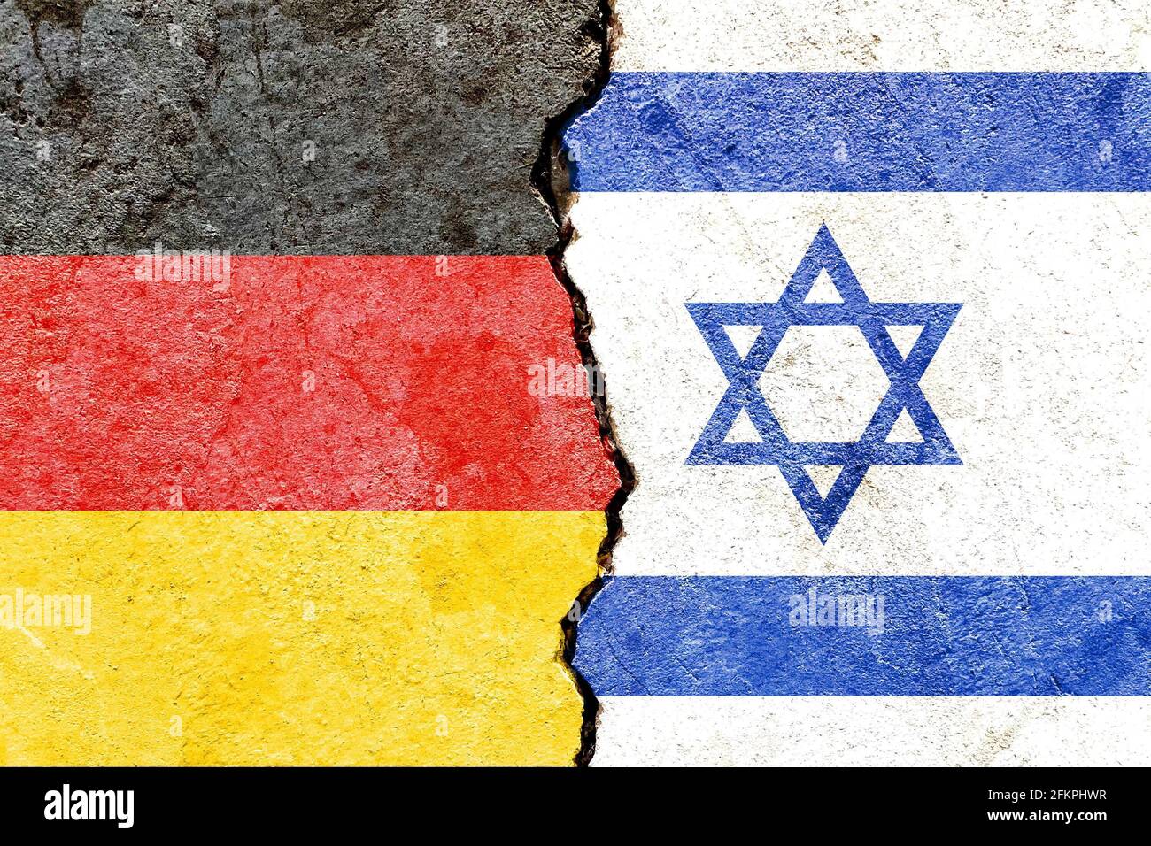 Germany vs Israel flags on cracked wall, political conflict concept ...