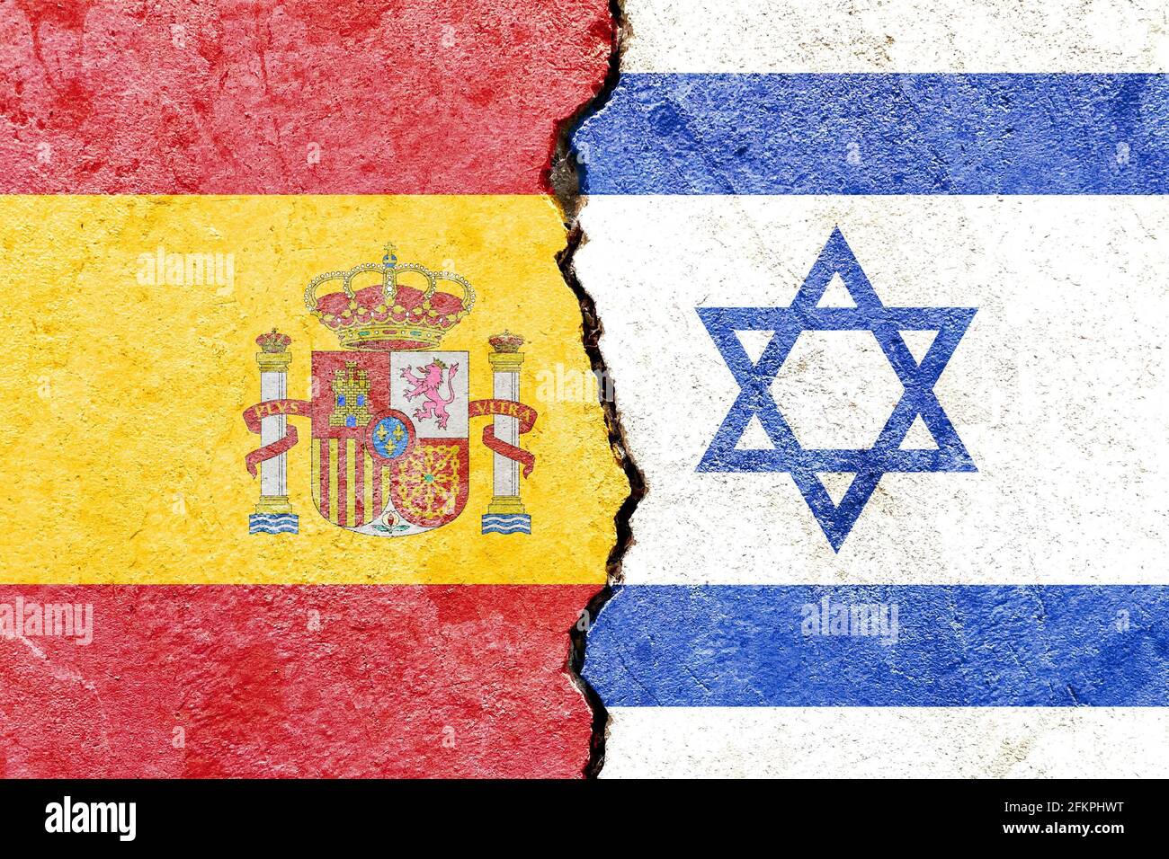 Spain vs Israel flags on cracked wall, political conflict concept Stock ...