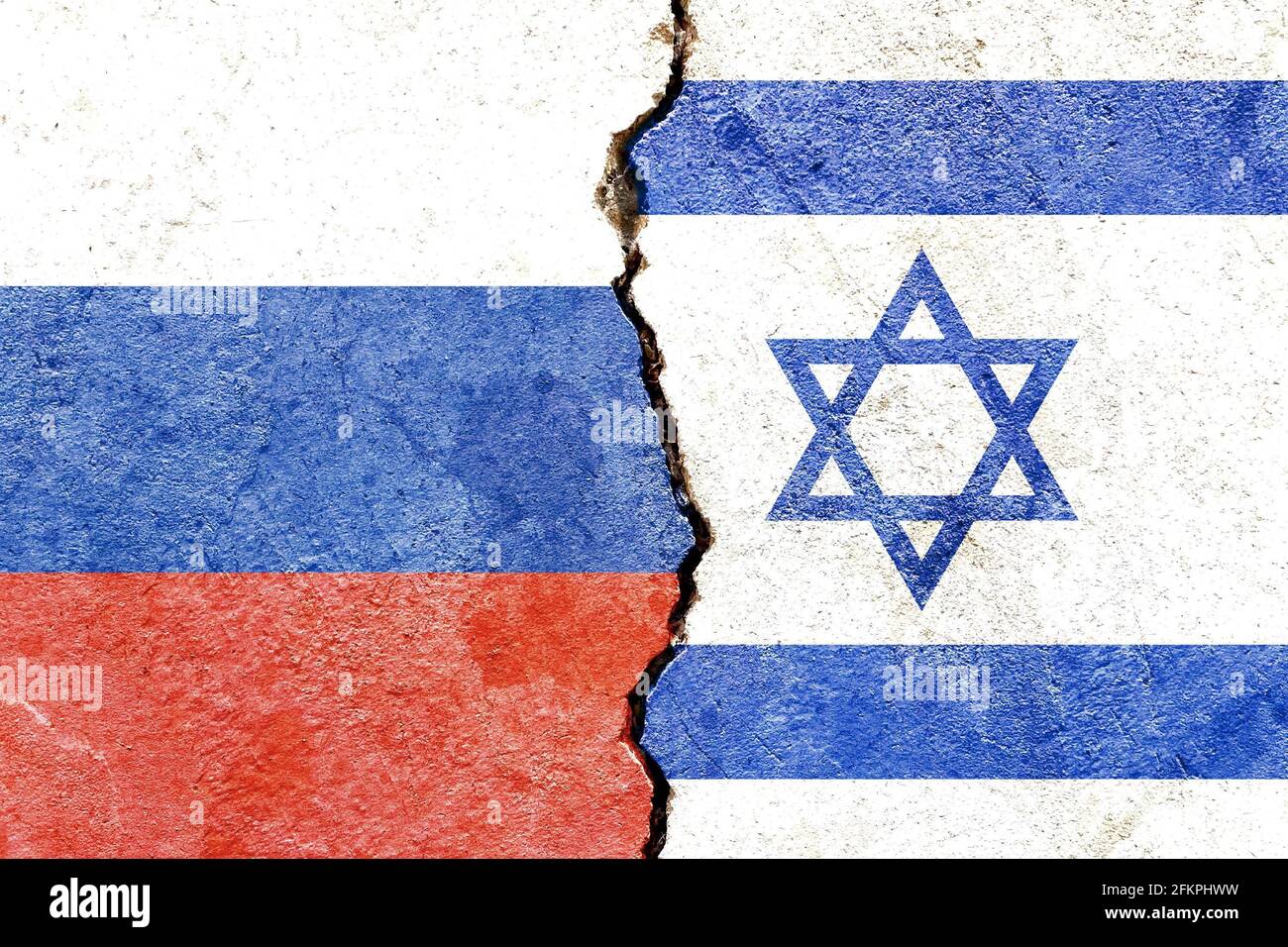 Russia vs Israel flags on cracked wall, political conflict concept ...