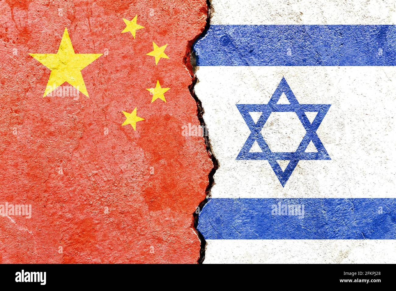 China vs Israel flags on cracked wall, political conflict concept Stock ...