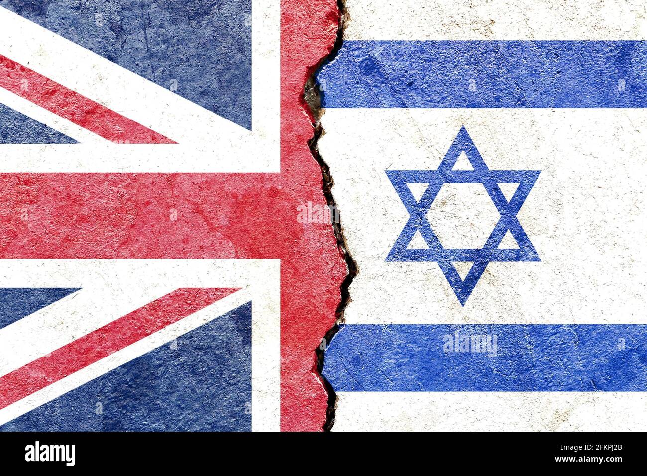 UK vs Israel flags on cracked wall, political conflict concept Stock ...