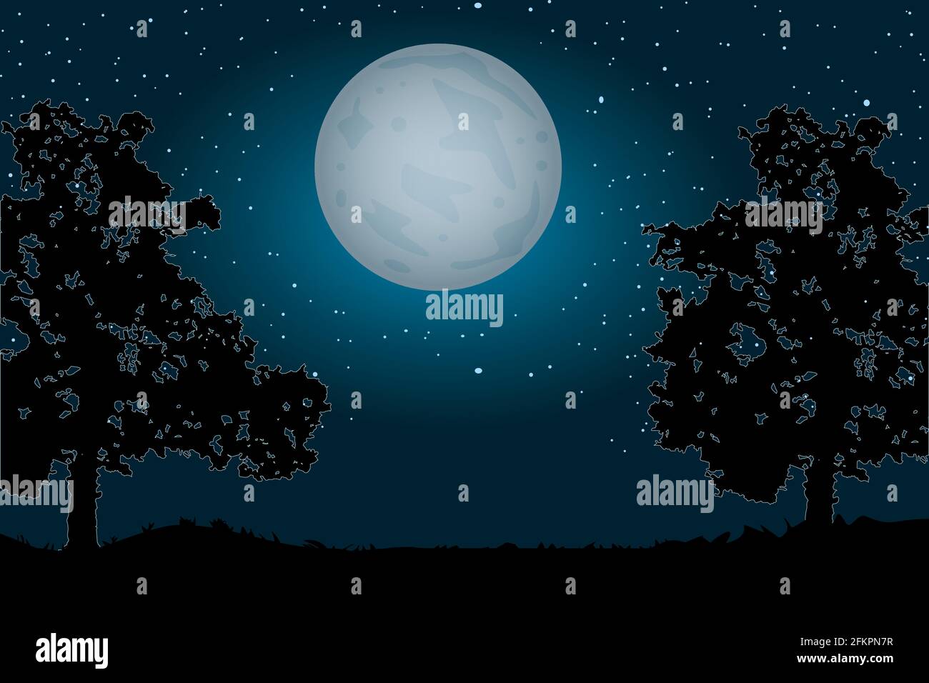 Landscape with moon, trees and path. Night sky and moonlight. Evening ...