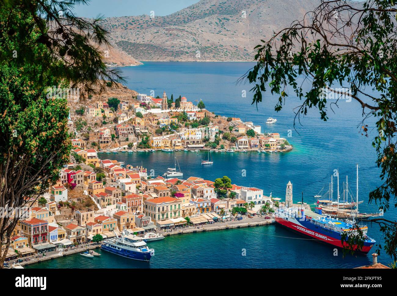 Panoramic view of Symi from above. Symi is a tiny island of Dodecanese ...