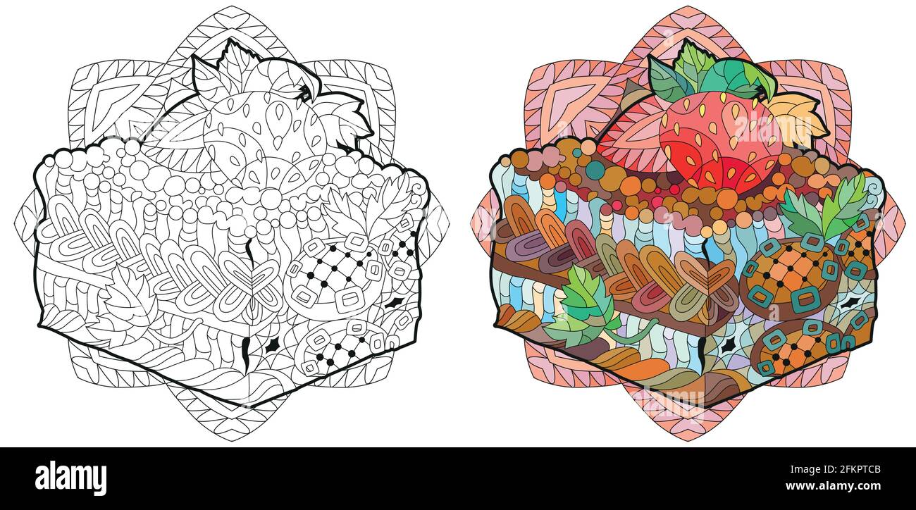 Vector piece of cake with abstract ornaments on mandala for coloring ...