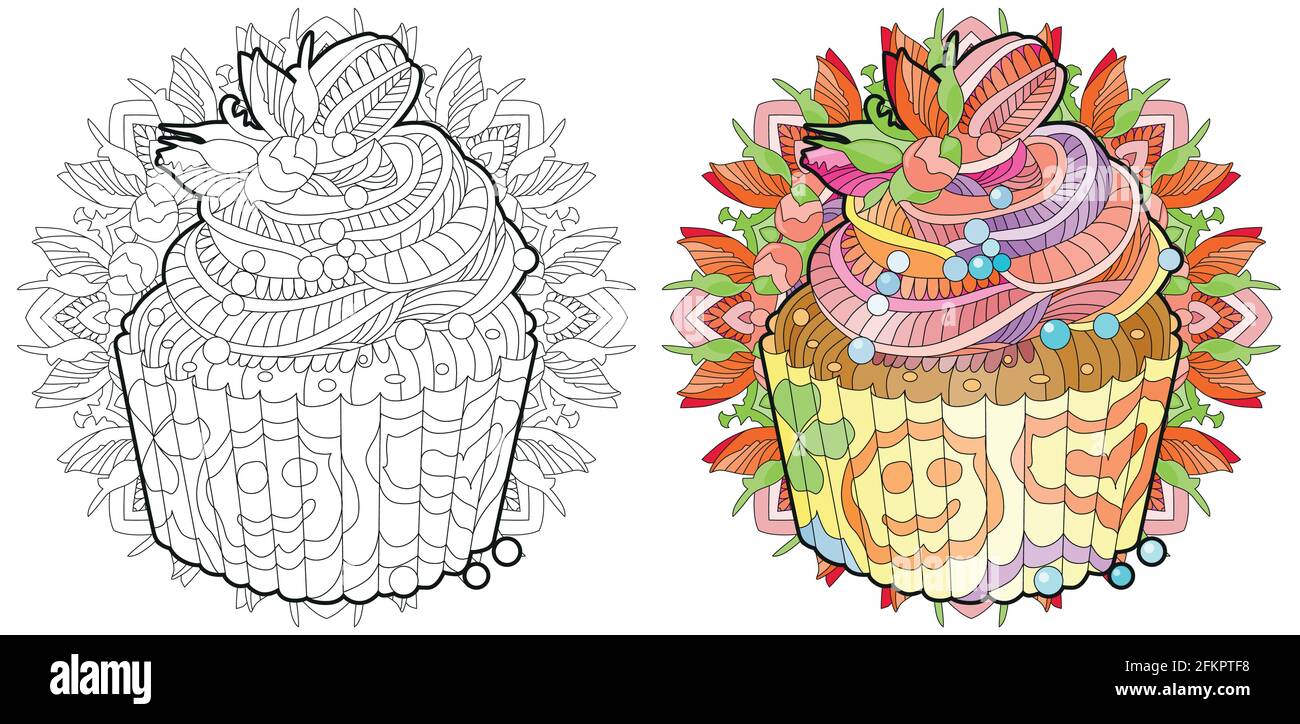 Vector piece of cupcake on a patterned round substrate. Hand drawn ...