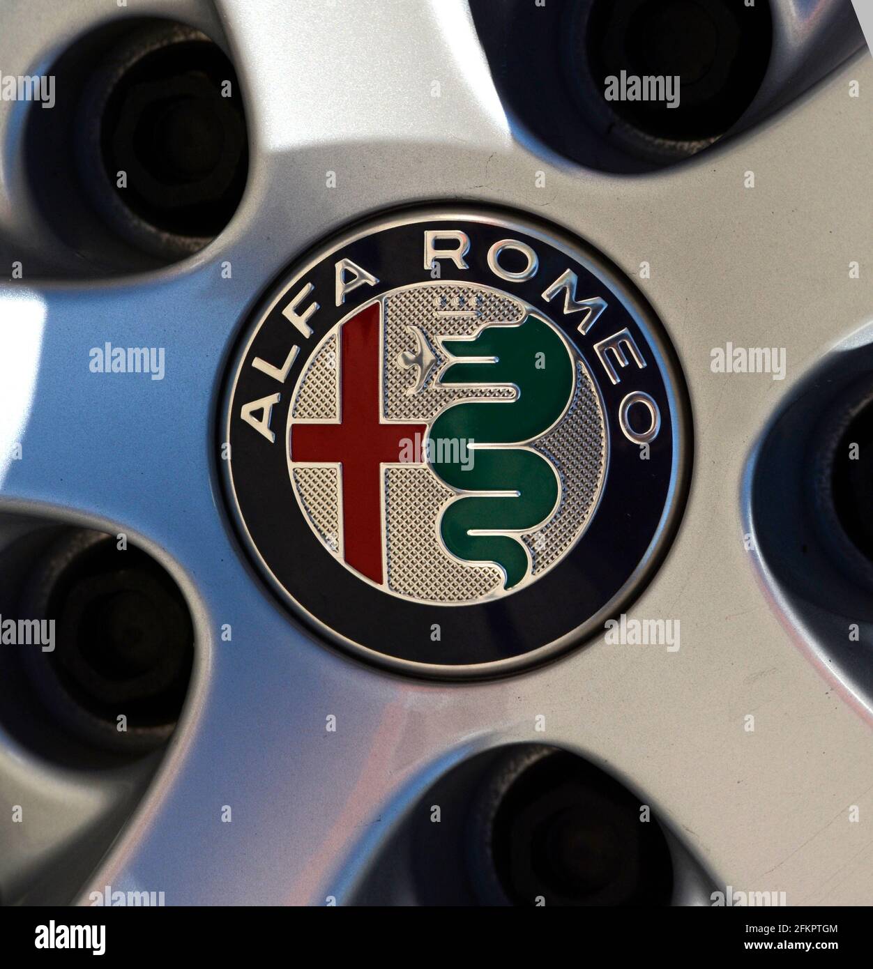 The Alfa Romeo logo on the wheel cover of an Alfa Romeo SUV in Santa Fe ...