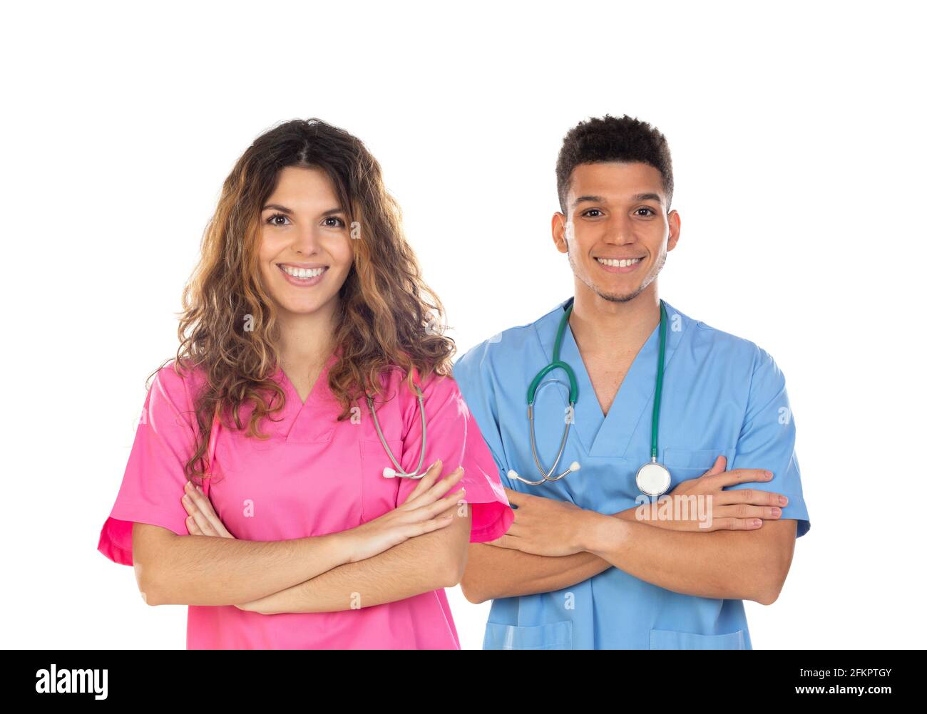 Medical professionals with colorful uniforms isolated on a white ...