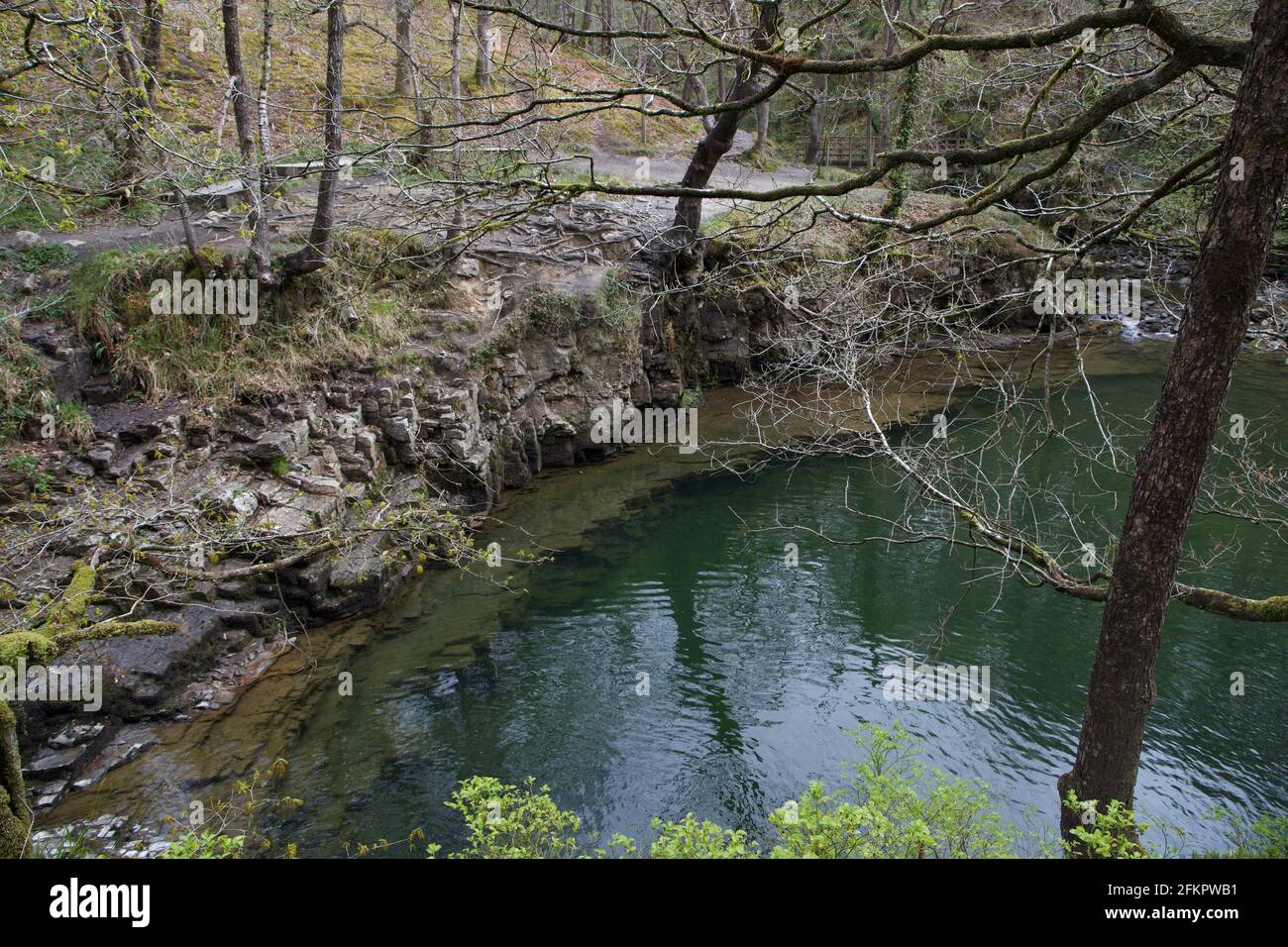 Slow moving section of river near a waterfall in Wales Stock Photo - Alamy
