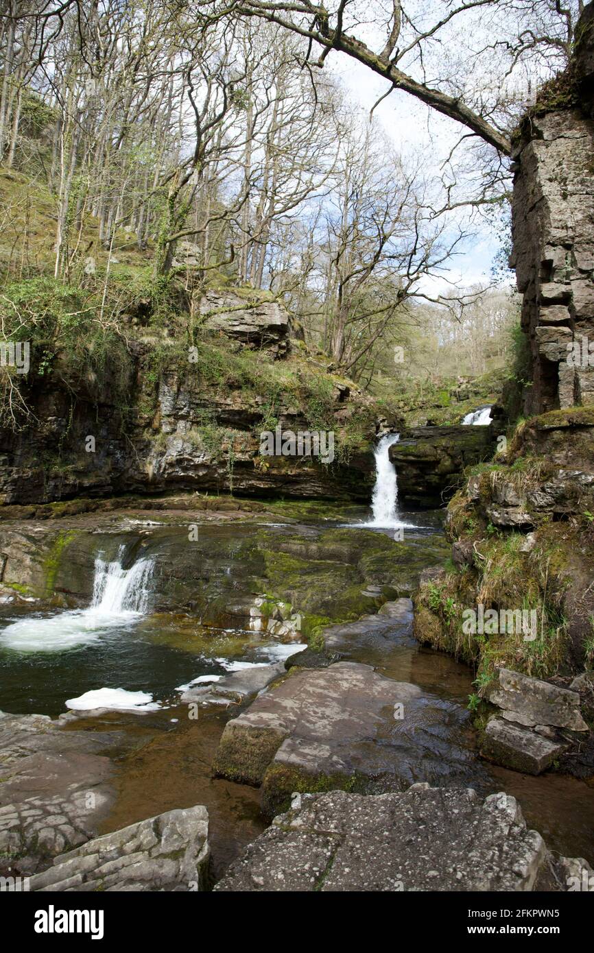 Three-tiered waterfall on the Four Falls Trail in Wales Stock Photo - Alamy
