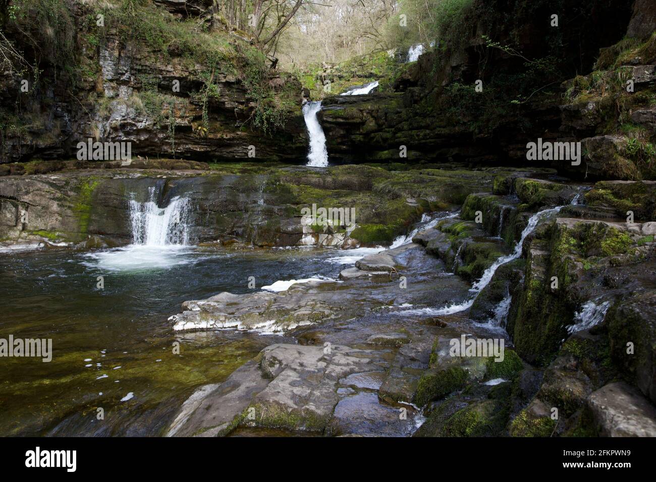 Three-tiered waterfall on the Four Falls Trail in Wales Stock Photo - Alamy