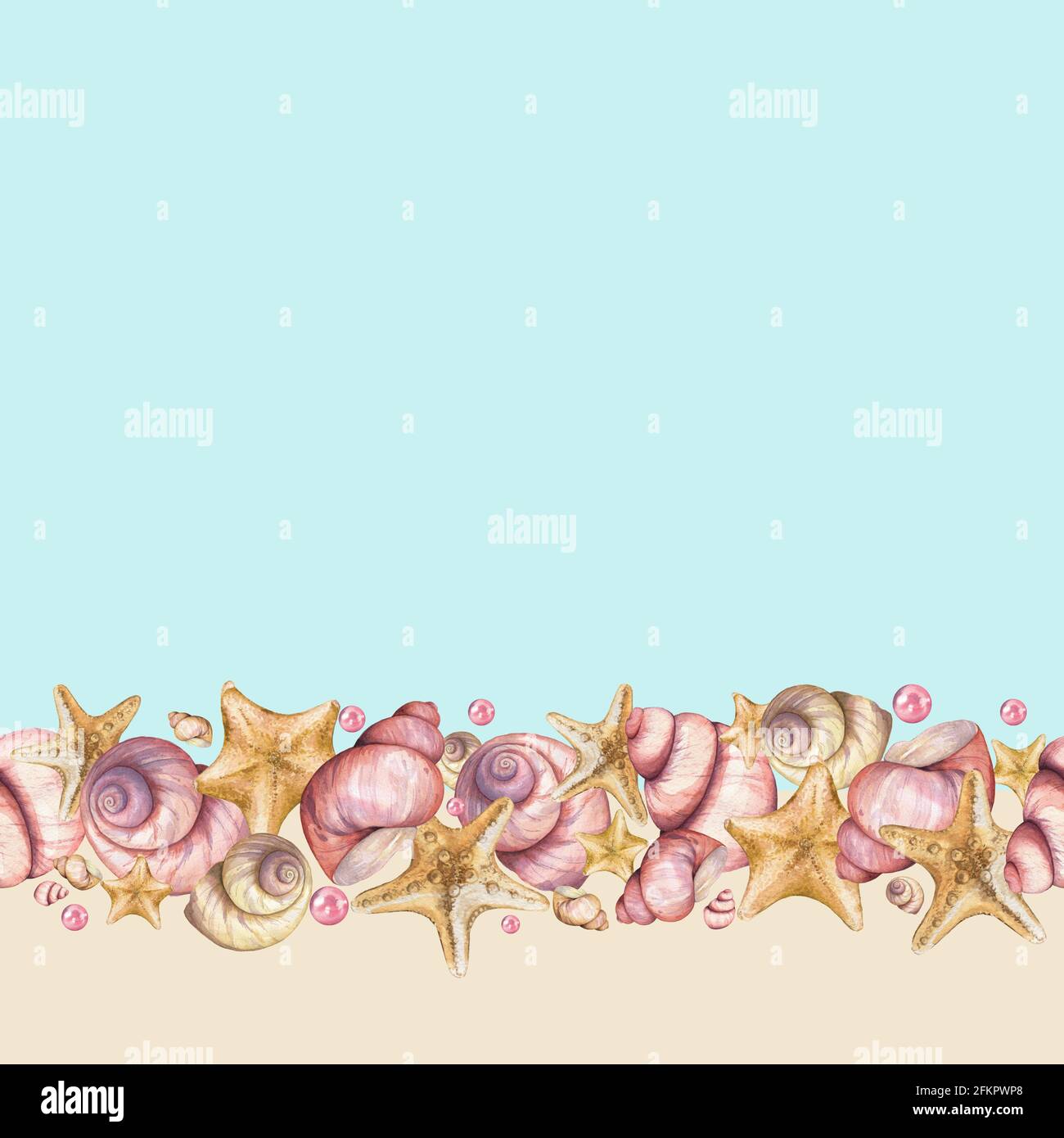 Seamless background of seashells. Border. Watercolor illustration, hand ...