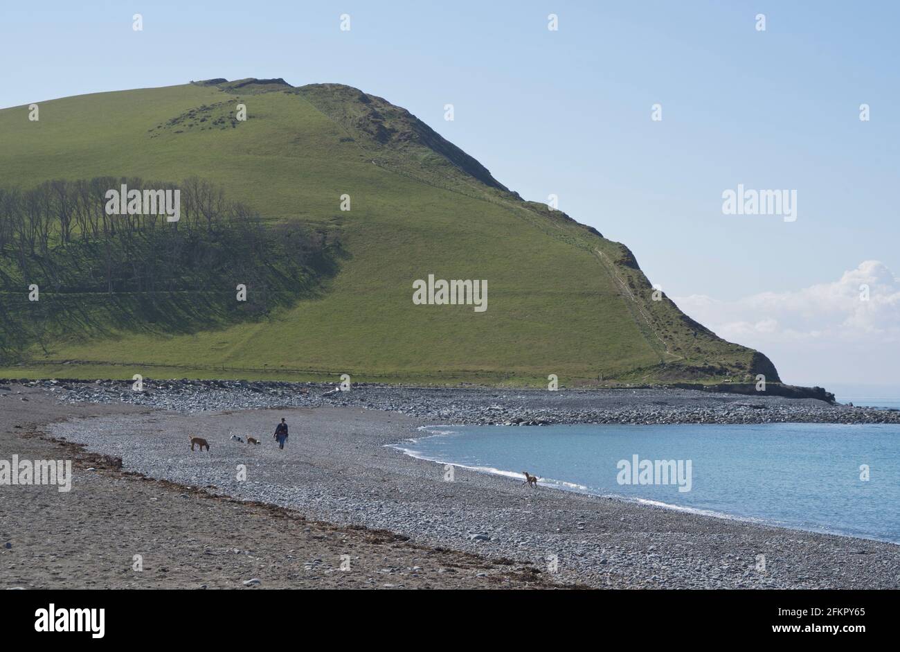 People walking along beach with pebbles,rocks and stacked limestone ...