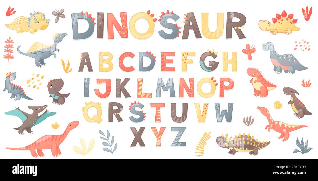 Cartoon cute Dinosaur alphabet. Dino font with letters . Children Vector illustration for t ...