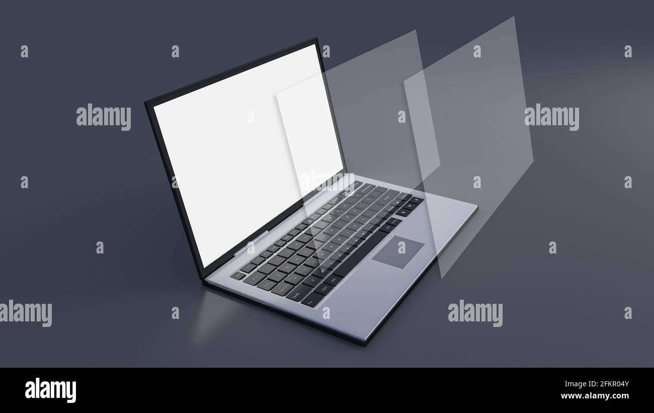 3d rendering image of laptop on dark gray background. Laptop screen ...