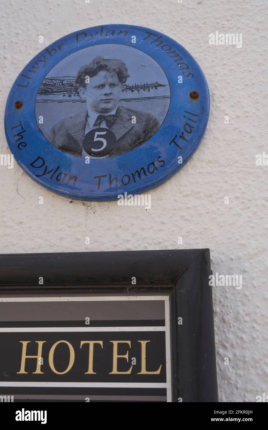 Plaque marking the late Welsh poet Dylan Thomas trail in the coastal ...