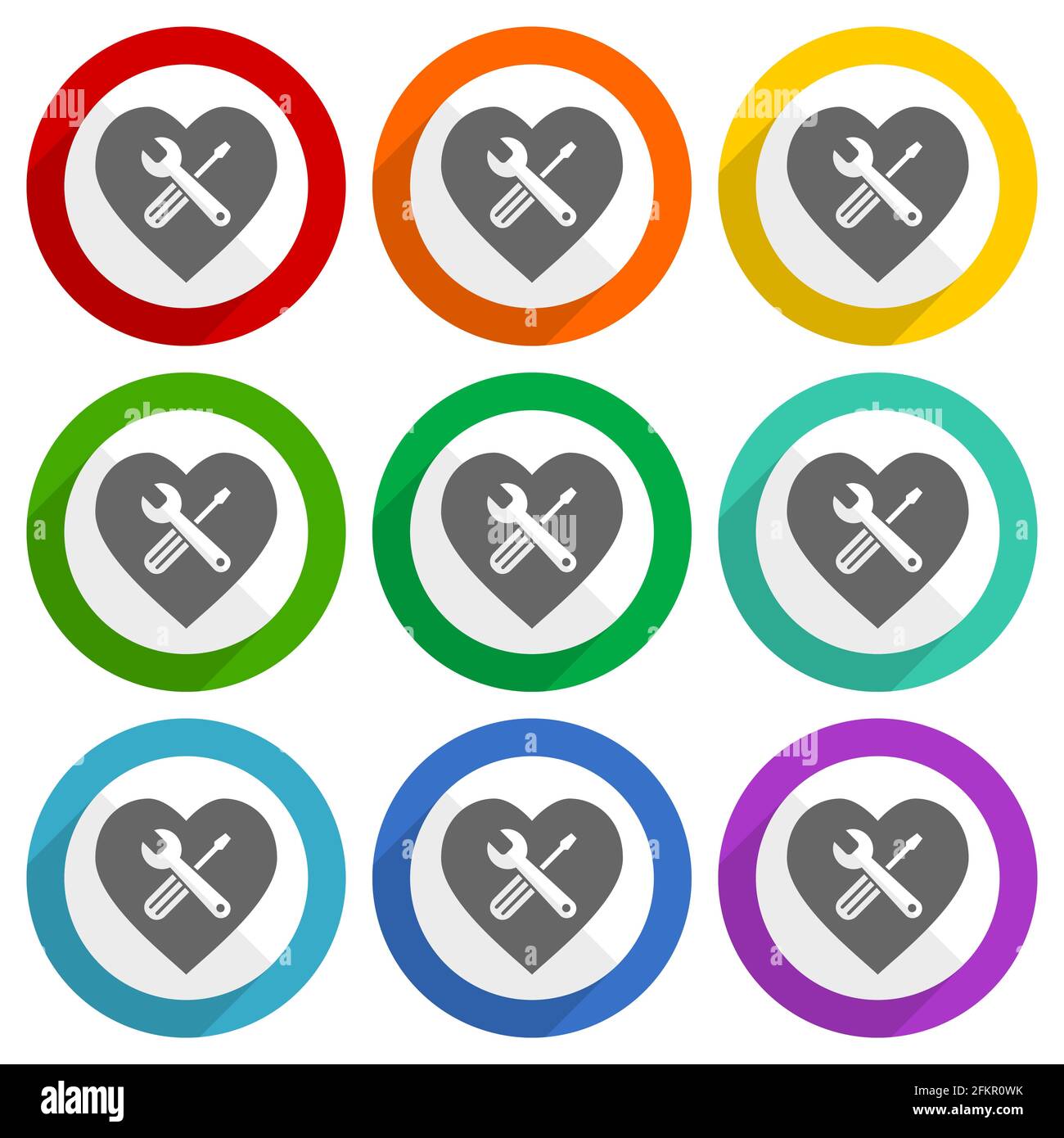 Tools in heart shape vector icons, set of colorful flat design buttons ...