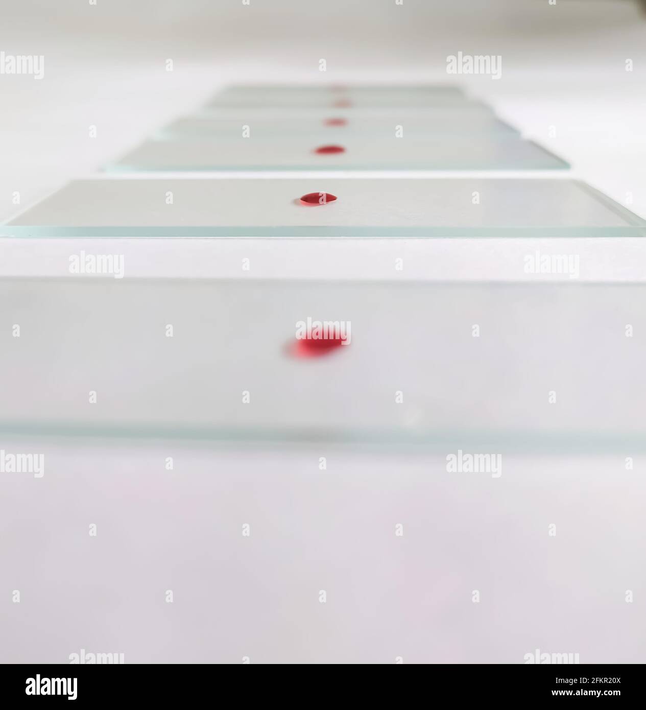 Selective focus shot of blood drops on transparent blood testing ...
