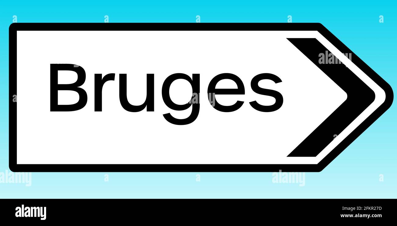 A graphic illlustration of a British road sign pointing to Bruges Stock ...