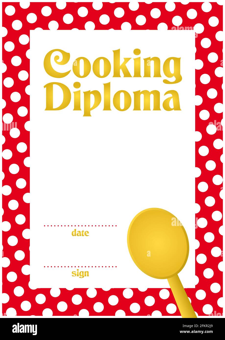 Cooking diploma background with golden spoon and polka dot frame ...